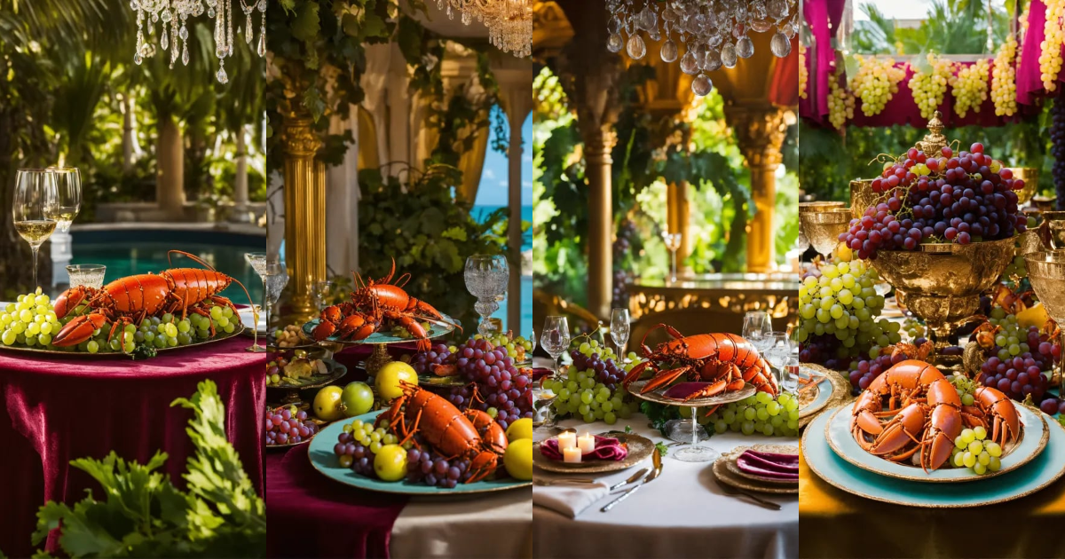 Lexica - Decadent table with grapes, lobster, food canopy, tropical ...