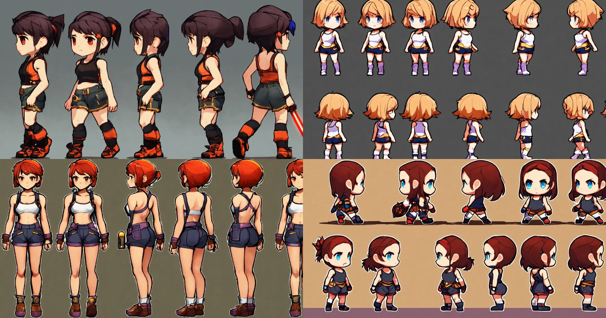 Lexica - Game assets, sprite sheet, girl, short hair, tank top, shorts ...
