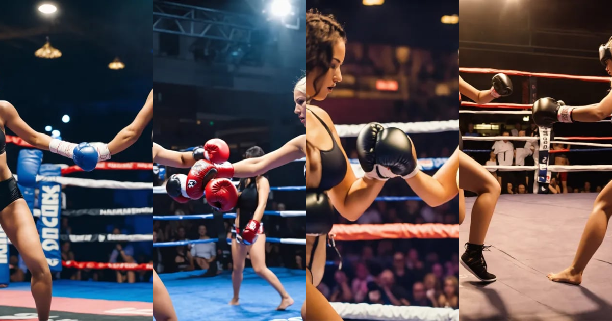 Lexica - Two females, in monokini, 38D cup, fighting in boxing ring