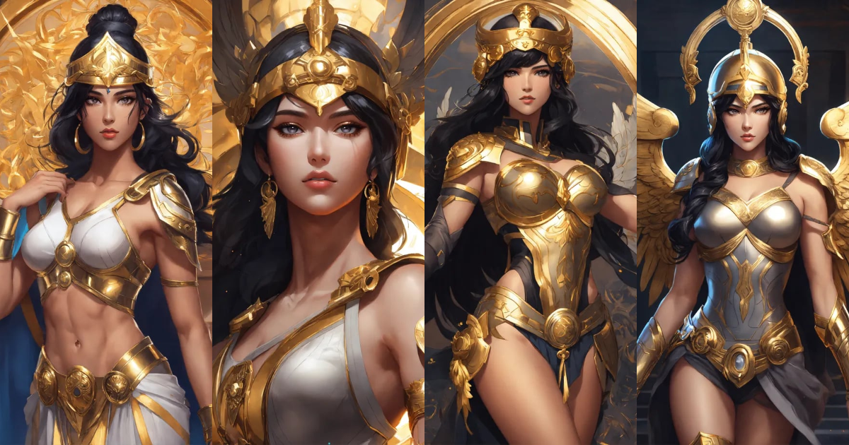 Lexica - Portrait of goddess athena, black hair, gray eyes, gold ornaments, greek, helmet ...