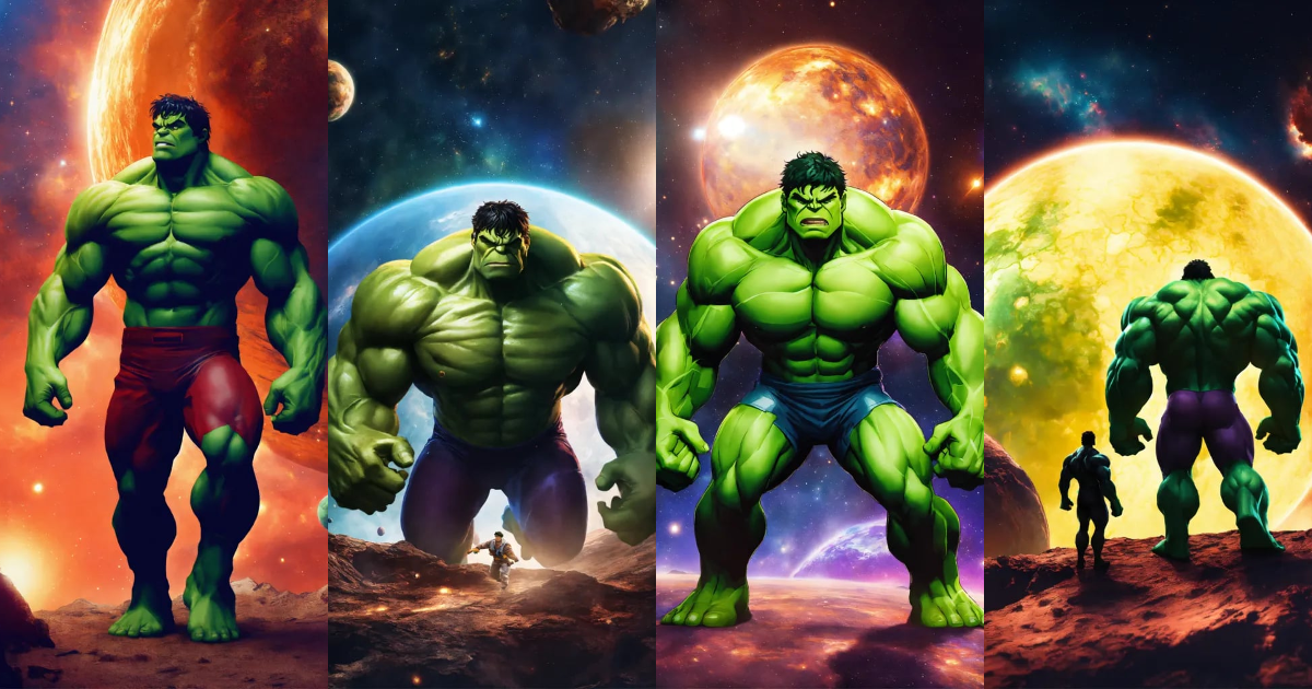 Lexica - Some Hulk together In Multiverse, space background, 2D render