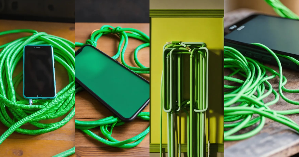 Lexica - Green bungee cords in knot, cords holding phone, cords coming ...