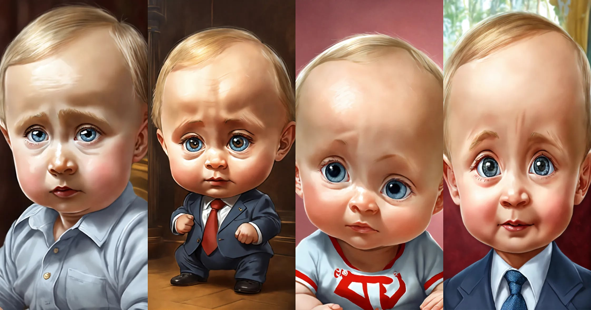 Lexica - Vladimir Putin as a cute baby cartoon, big eyes Ultra realist