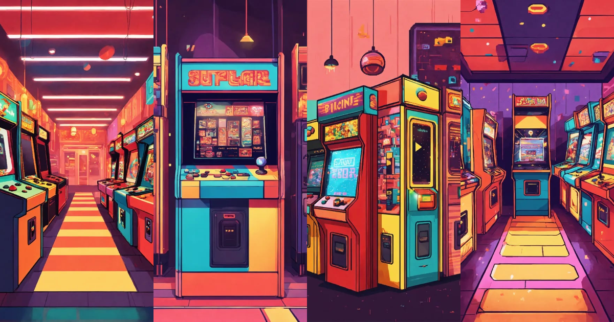 Lexica - A whimsical illustration of a retro arcade, with colorful ...