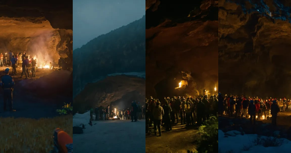 Lexica - An angry mob of canadians gathered around a large cave in the ...