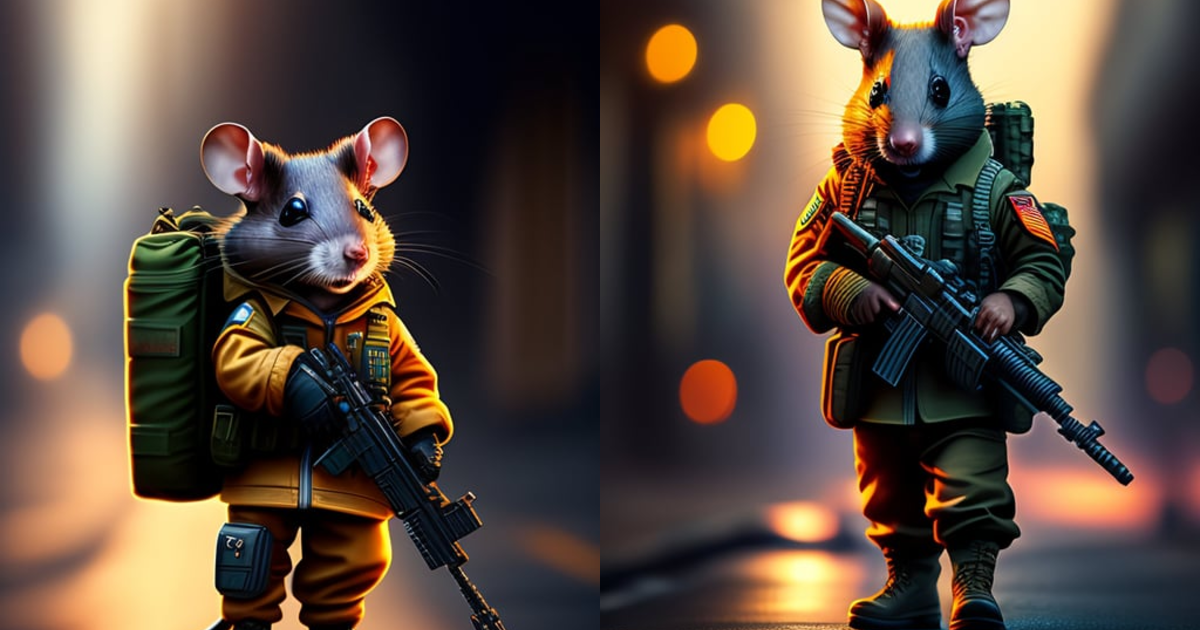 Lexica - A military rat with a machine gun walking with a baby by an ...