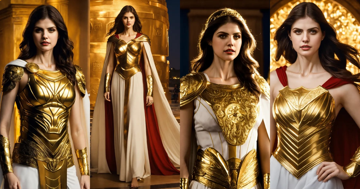Lexica - Alexandra Daddario as greek goddess in golden armor with white ...