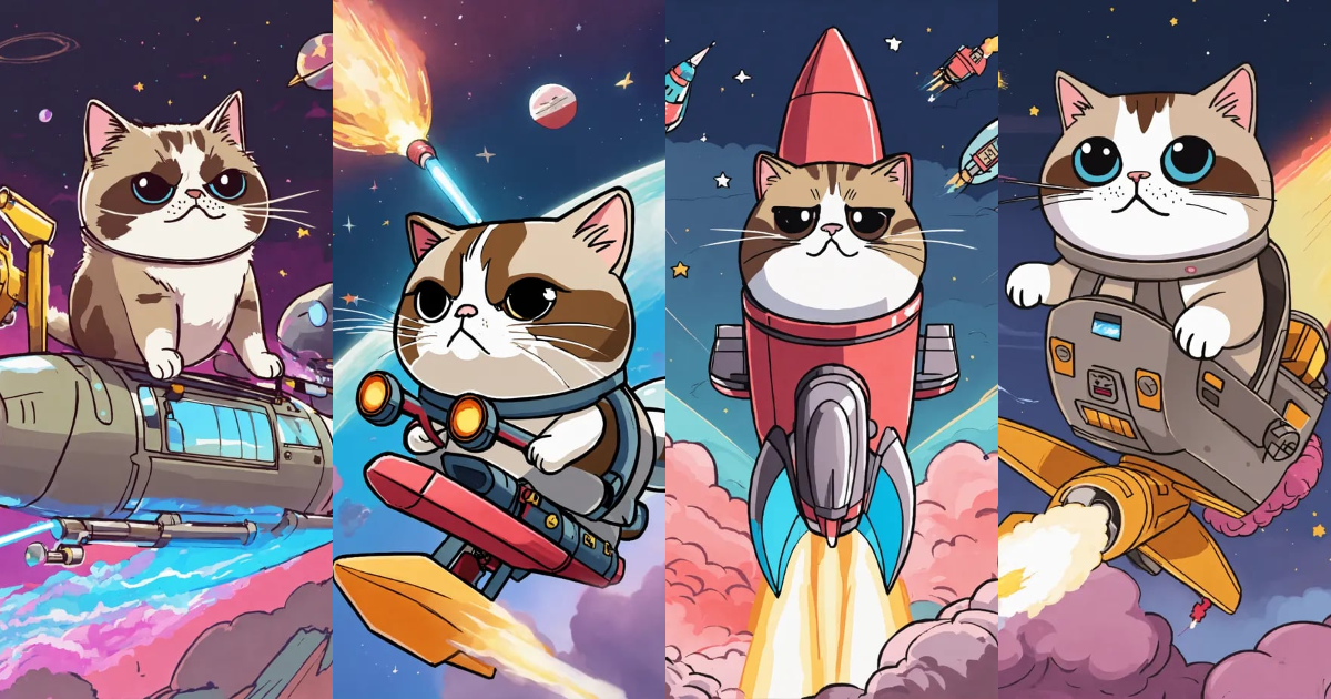 Lexica - A image of Excited grumpy cat riding a powered rocket, art as Pusheen, going upwards