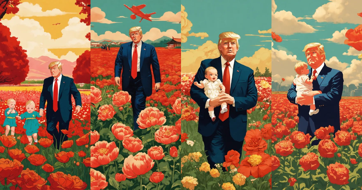 Lexica - Trump standing in field of flowers playing with babies in the ...