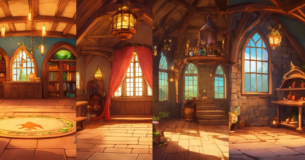 Lexica - Cartoon fairy taie style image inside witch castle hall