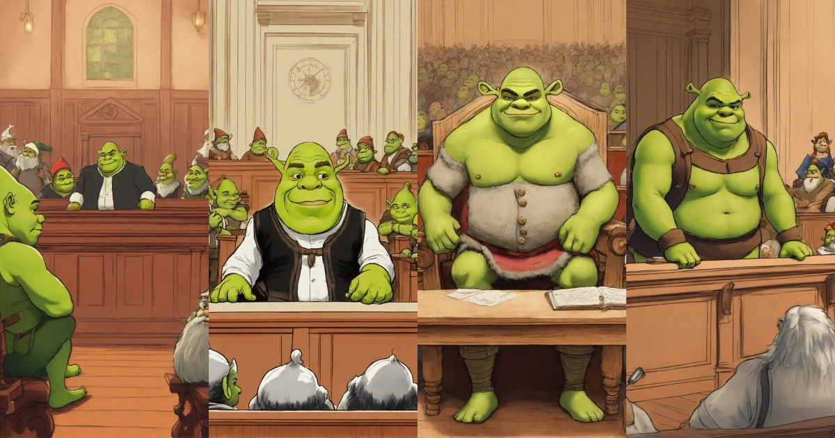 Lexica - A court drawing of Shrek on trial. A jury of gnomes look on at ...