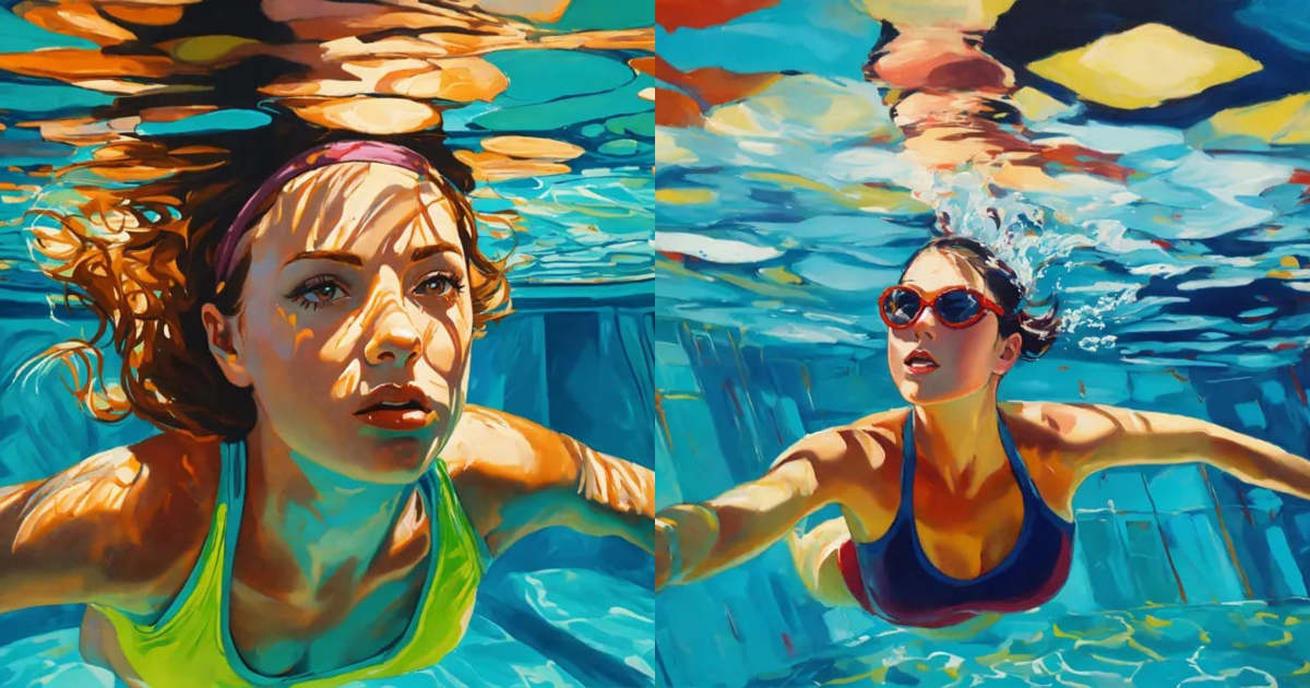 Lexica - Artistic creation of pop art style painter Maud Ovize, oil painting of a swimmer ...