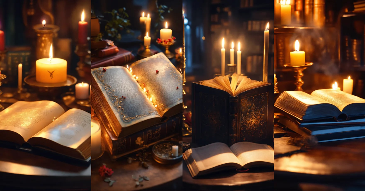 Lexica - Ominous magical book open on a table surrounded by candles ...