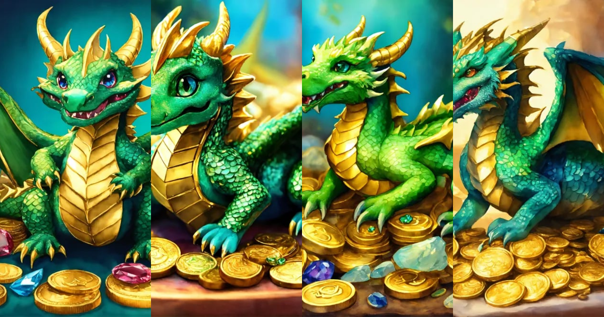 Lexica - Cute, cute, smiling green and gold dragon sitting on treasures ...