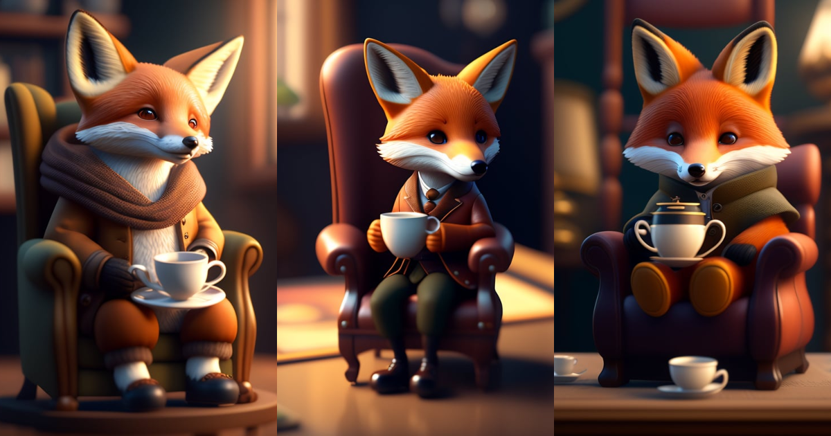 Lexica - Cute small humanoid fox sitting in a armchair drinking tea as ...