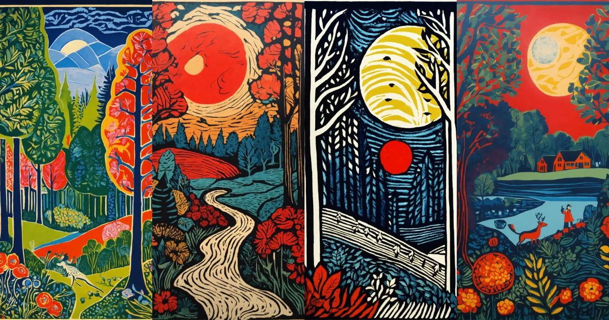 Lexica - Linocut, forest, folk art style inspired by marc chagall