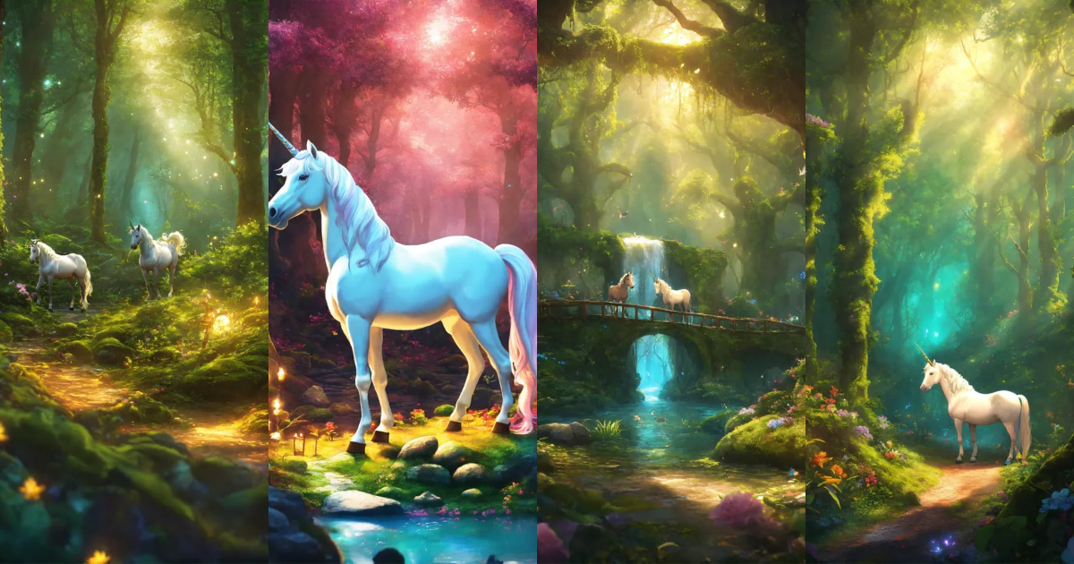 Lexica - A hidden treasure is discovered in an enchanted forest with unicorns in the digital realm.