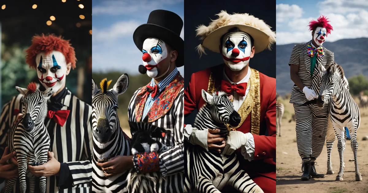Lexica - A black and white clown holds a small zebra in his hands