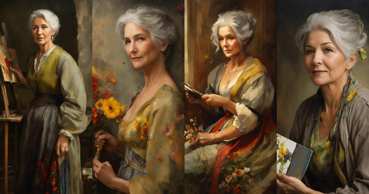 Lexica - You need an older, gray-haired woman with a tattered painting ...
