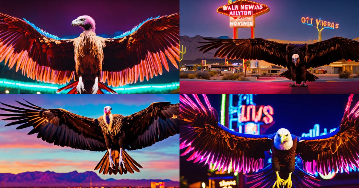 Lexica - Vulture with outstretched wing, neon light, las Vegas aesthetic