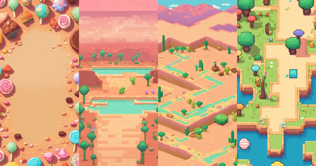 Lexica - Empty pastel overhead flat candy themed desert pixel sprite map.
