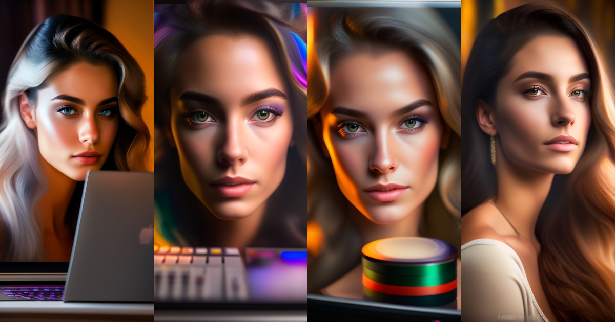 Lexica - A beautiful youthful woman lost her computer screen in the act of creating, her face ...