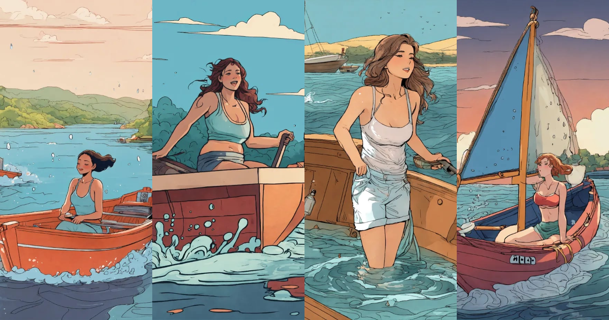 Lexica - Une femme qui nage dans l'eau à coté d'un bateau, image type cartoon