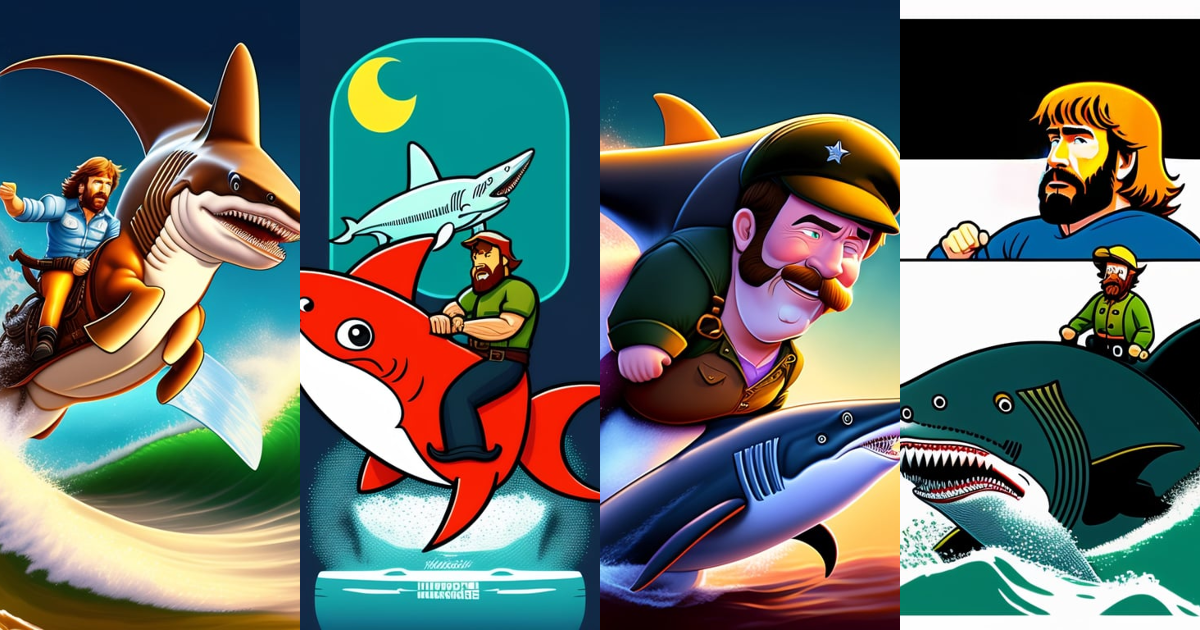 Lexica - Chuck Norris riding a shark in cartoon style