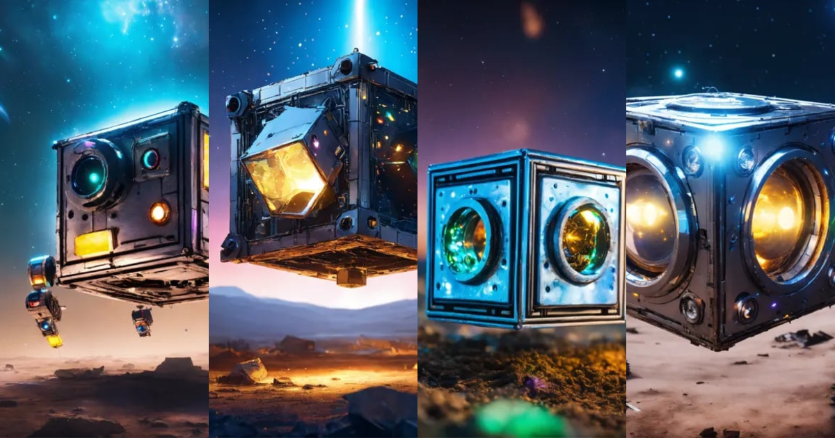 Lexica - Small flying floating polished silver cube bot with 2 round ...