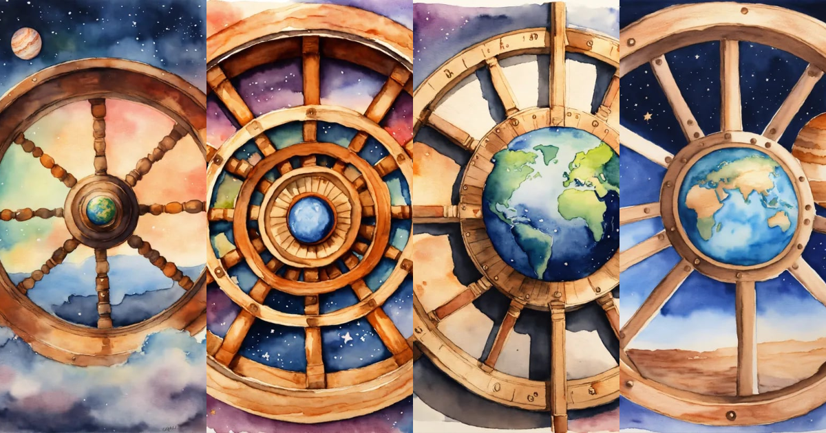 Lexica - Watercolor, a wooden wheel with the planet Jupiter in the sky