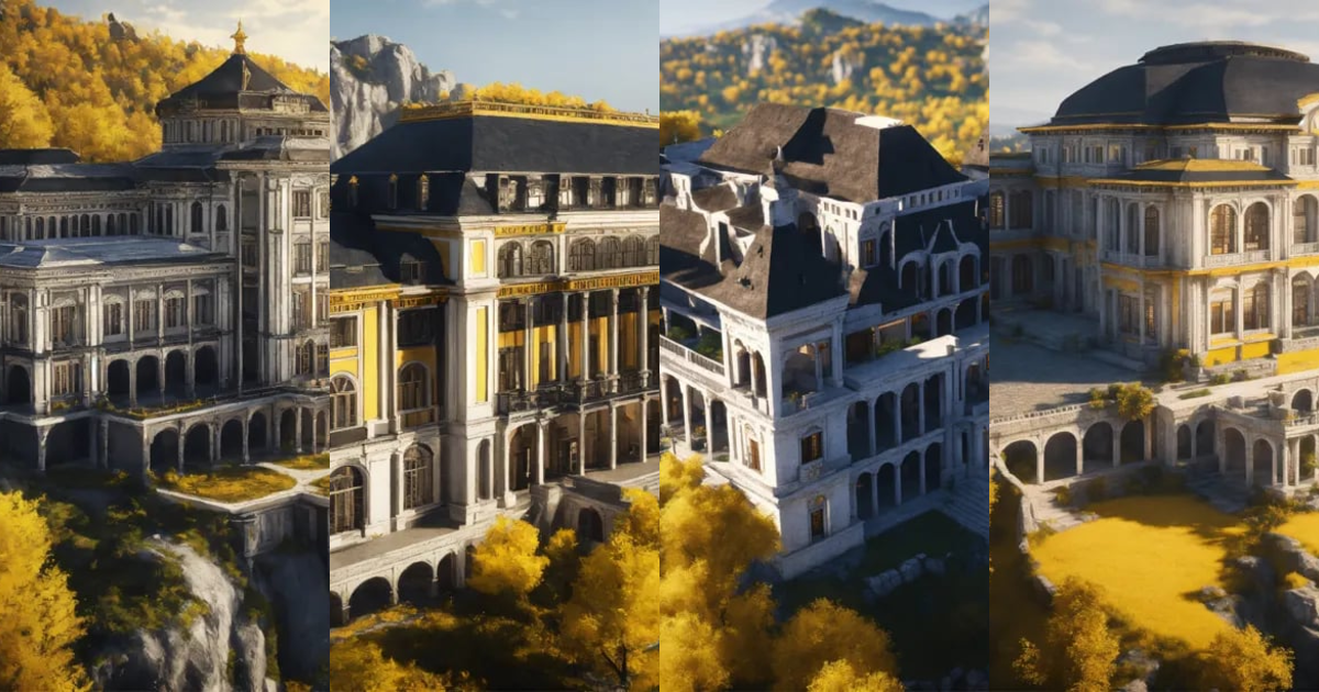 Lexica - Full image of a massive black and white and yellow palace on a ...