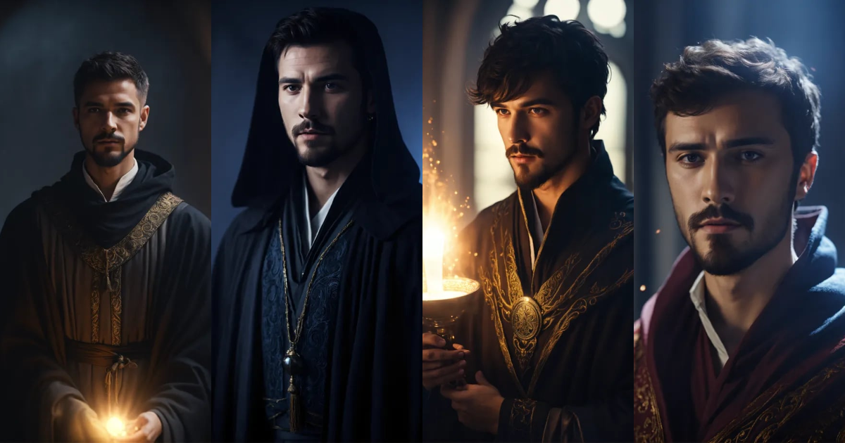 Lexica - Dark short hair, french goatee, wizard robes white light ...