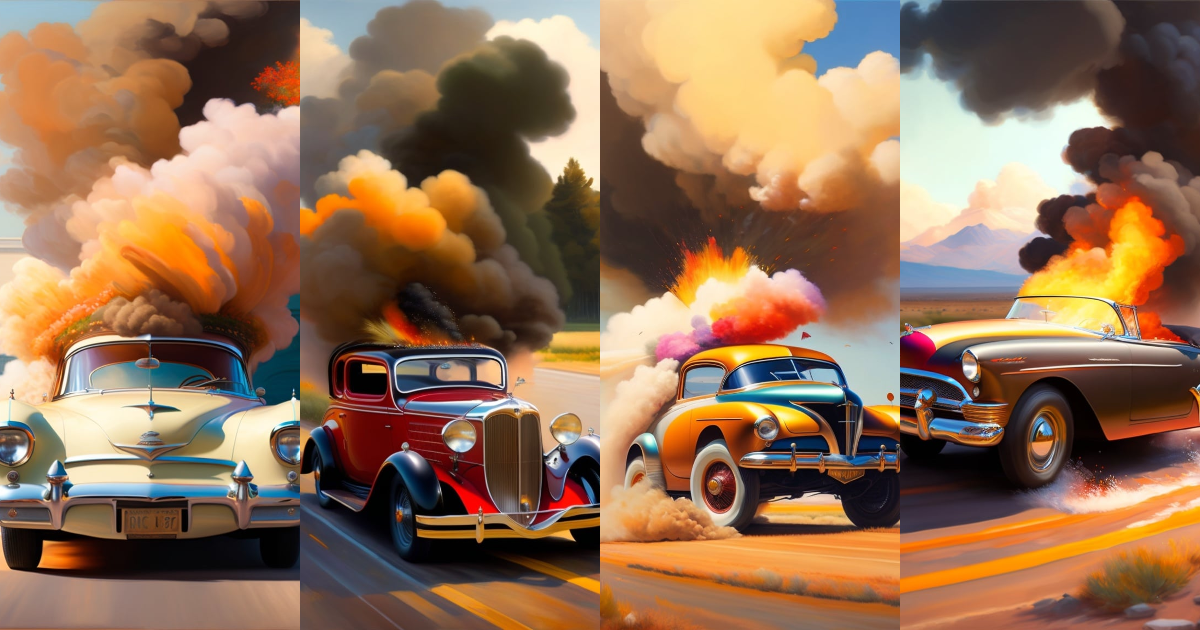 Lexica - Exploding car, a painting by norman rockwell, thick brush strokes