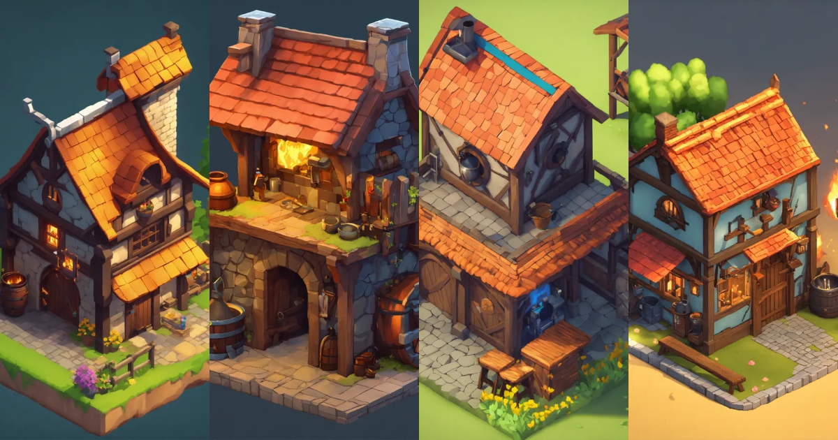 Lexica - Game art, blacksmith forge, isometric, full view, outside view ...