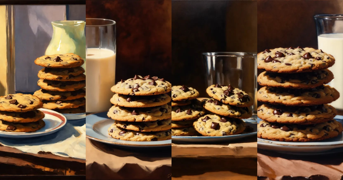 Lexica - Still life oil painting of a stack of 3 chocolate chip cookies ...