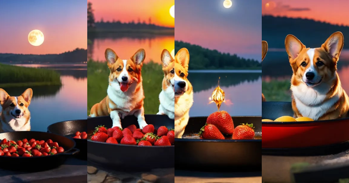 Lexica - 3D image of 2 corgi dogs frying a giant egg in a giant cast ...