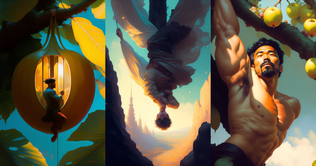 Lexica - A man hanging upside-down like a fruit from a tree branch by tsuyoshi nagano, greg ...