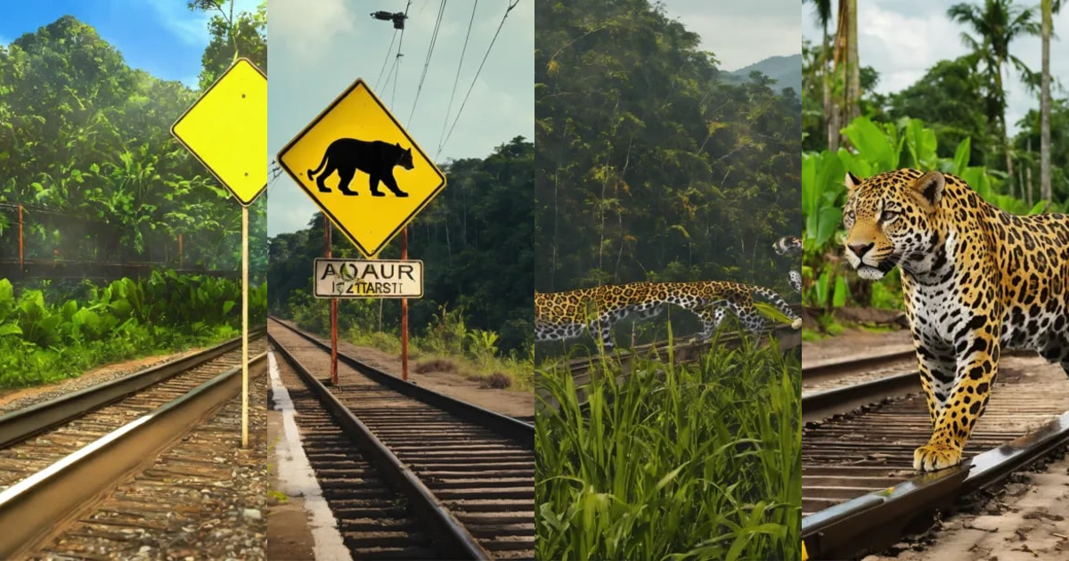 Lexica - A jaguar crossing a railroad from left to right in the middle ...