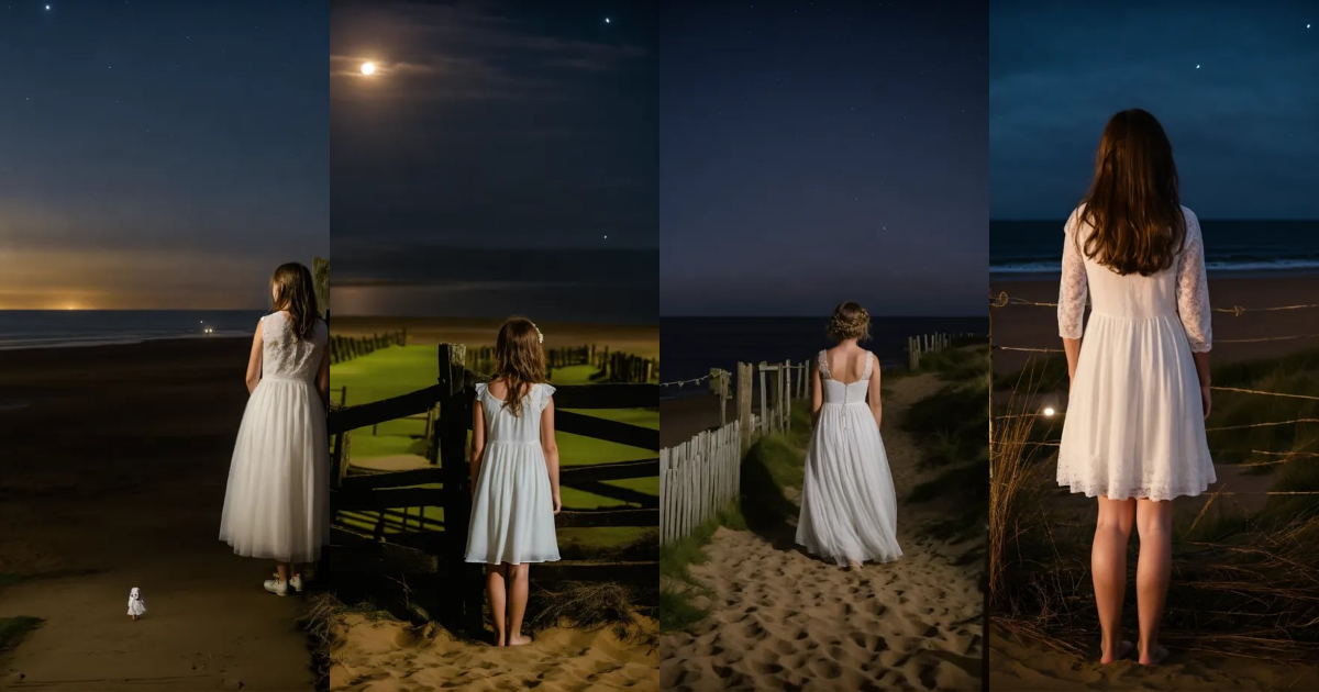 Lexica - Ghostly young girl, white dress, long distant shot, bleak ...