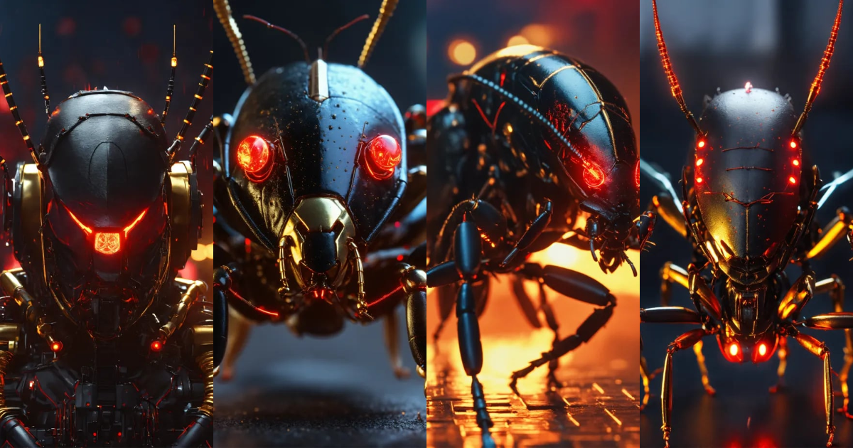 Lexica - Zoom out of black cockroach faced humanoid with red glowing ...