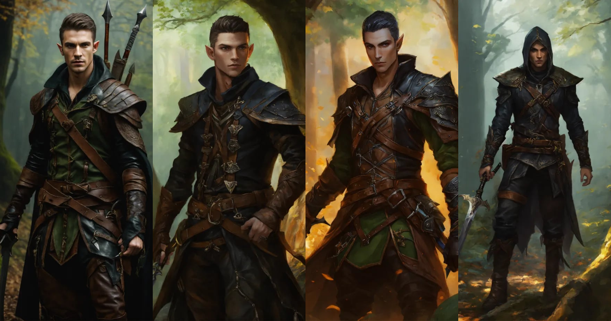 Lexica - Wood elf, assassin, male, wearing black leather, holding daggers