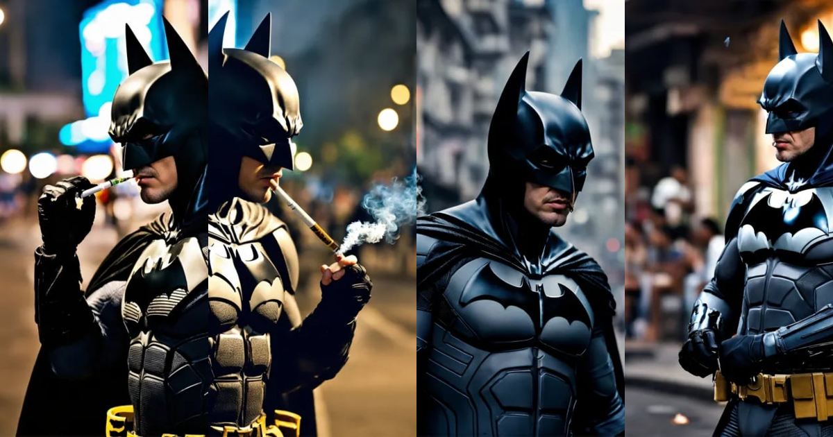 Lexica - Batman smoking cigarette on manila street, no blurred background