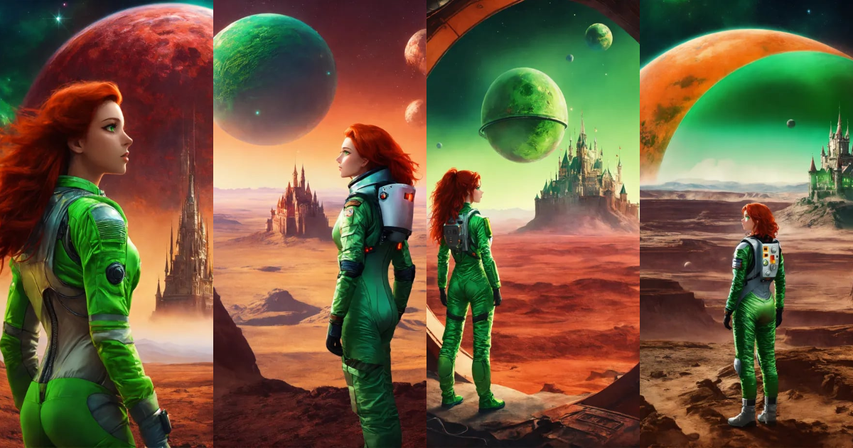 Lexica - Red haired green eyes woman in a space suit looking over a ...