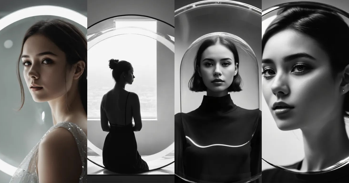 Lexica - Women look in clear looking transparent glass circle, black ...