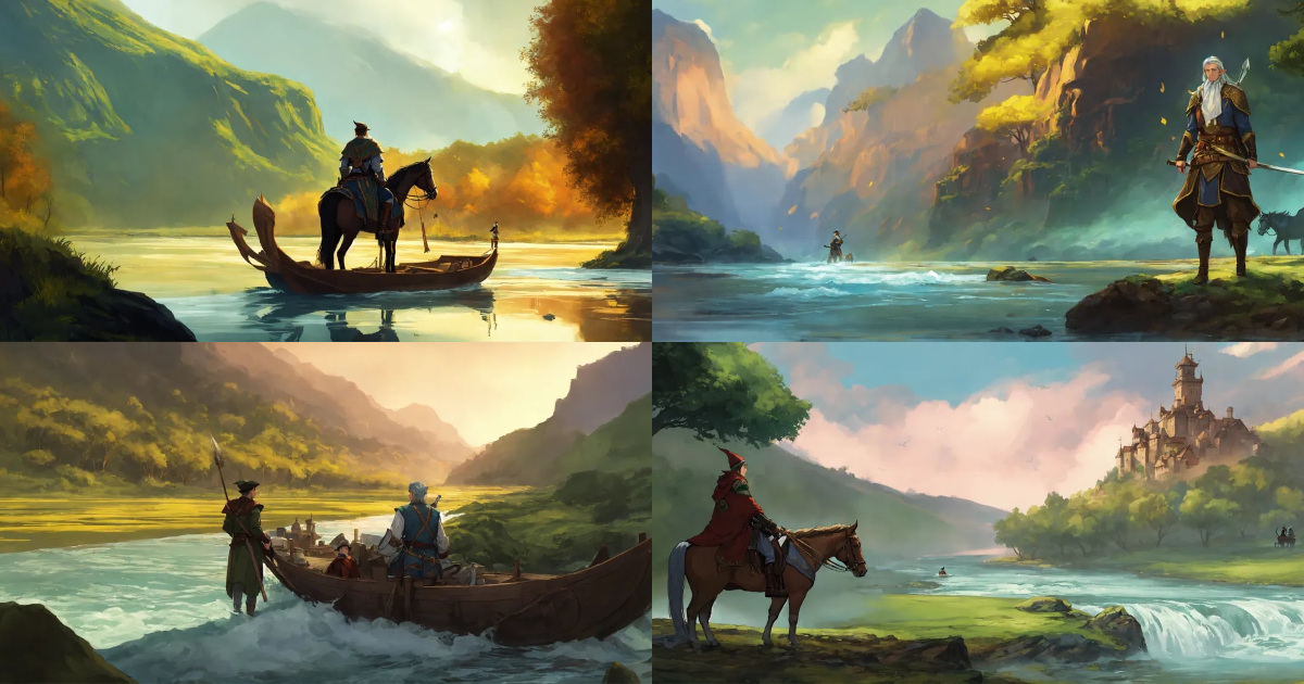 Lexica - Fantasy setting, elf merchant on horseback standing on a river ...