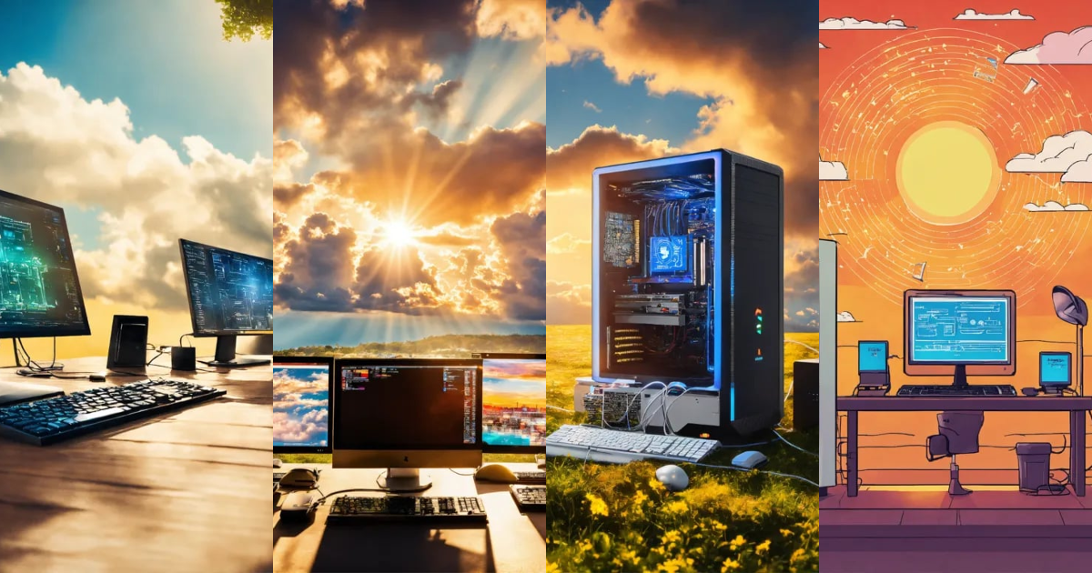 Lexica - Please generate a lively picture of computers and cybersecurity under sunshine and clouds.
