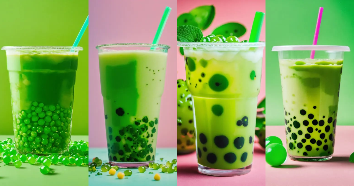 Lexica - Floating green boba tea. A lot of bobas. Stickers on cup ...
