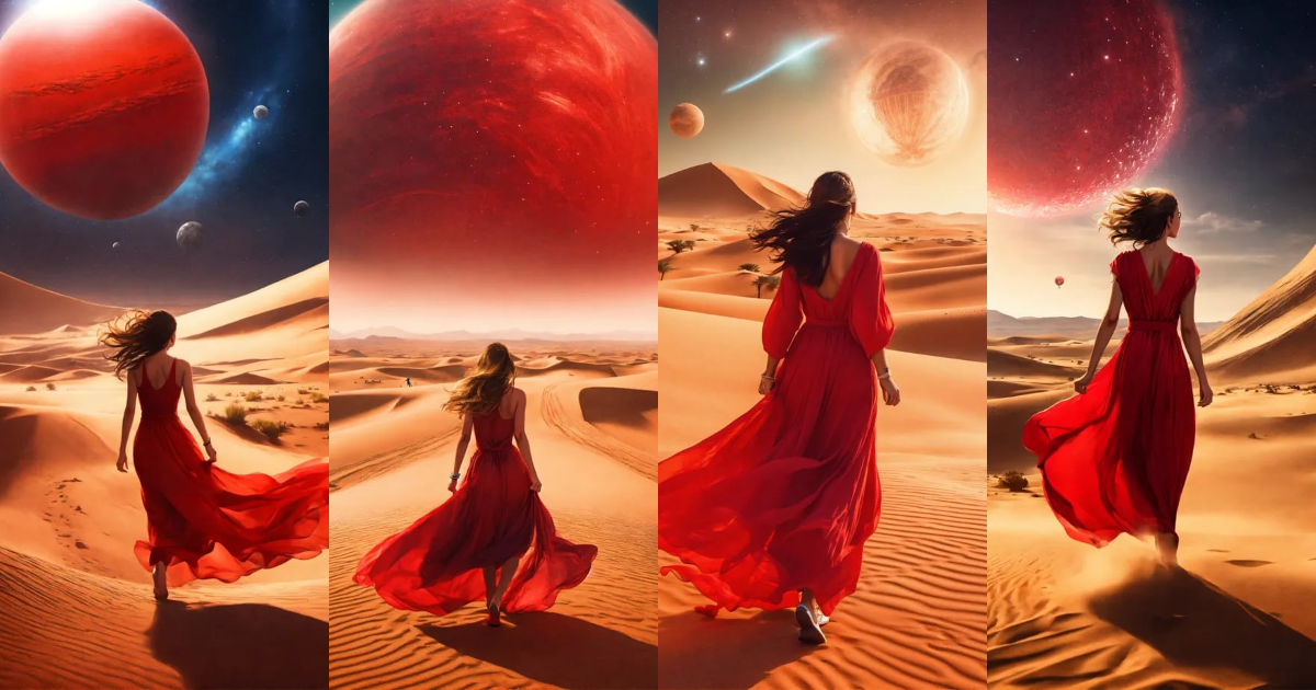 Lexica - Woman running through a sahara place in a long red dress ...