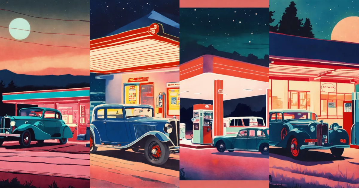 Lexica - Remote petrol station at night in light mist risograph 1930s car