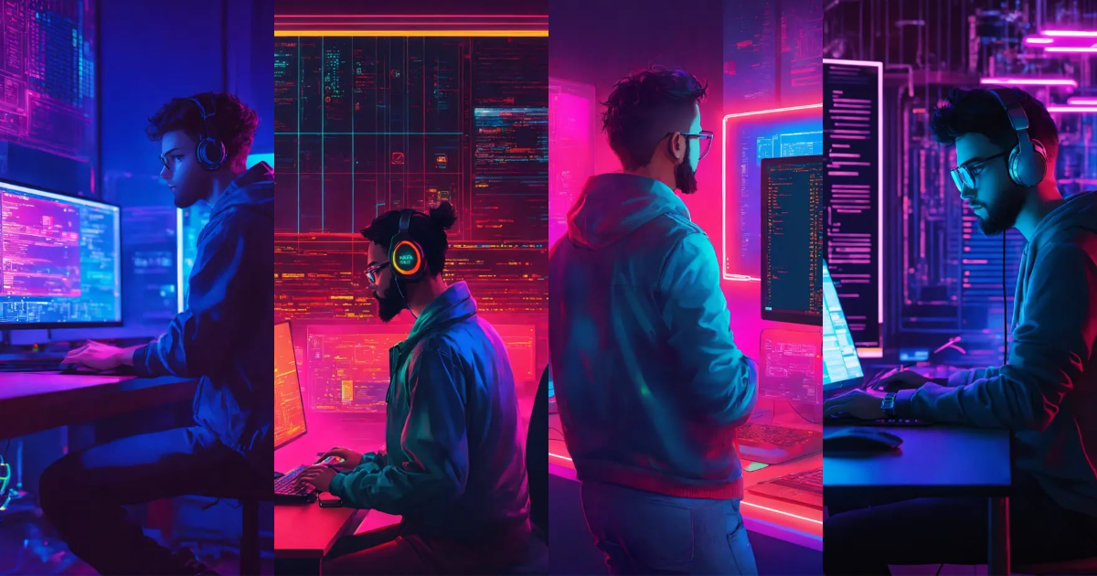 Lexica - A programmer developing a software in a neon vibes